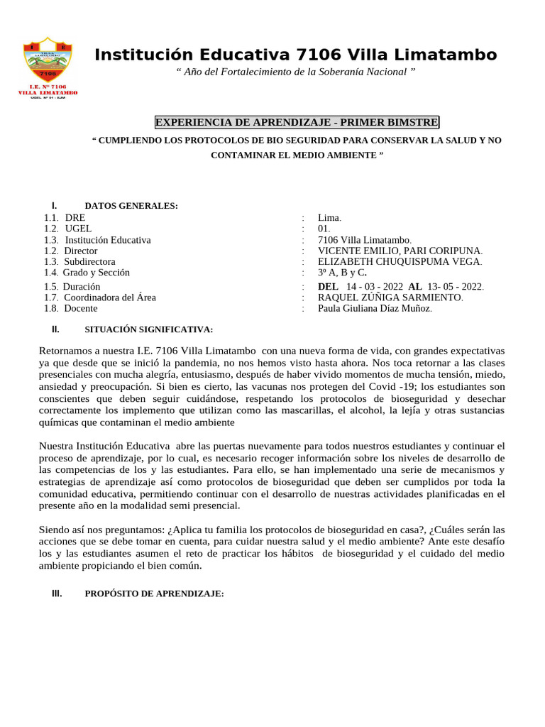 Experiencia de Aprendizaje Nº 1 Dpcc - 3er Año | PDF | Evaluación | Aprendizaje