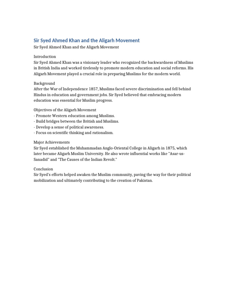 Sir Syed Ahmed Khan's Aligarh Movement | PDF