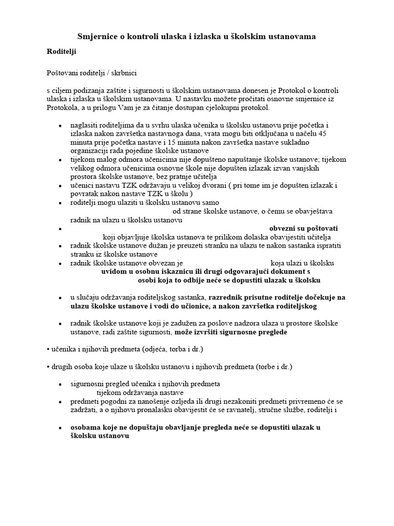 Smjernice o Kontroli Ulaska I Izlaska U Školskim Ustanovama - Roditelji ...
