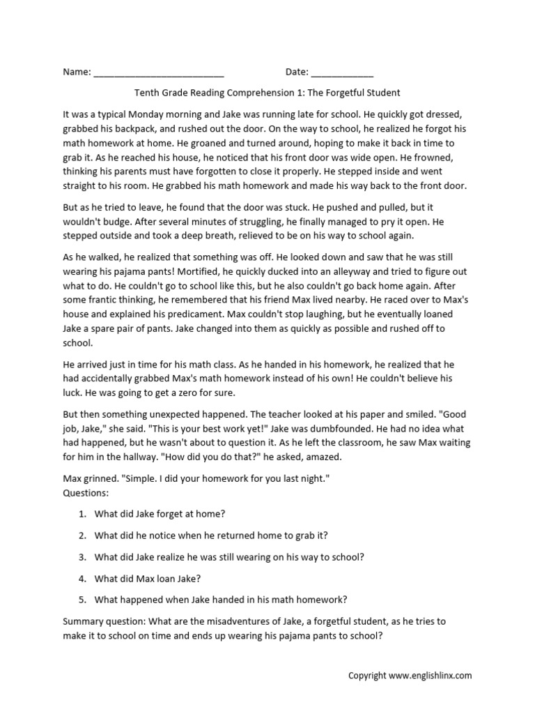 Reading C Grade 10 Forgetful Student 1 | PDF