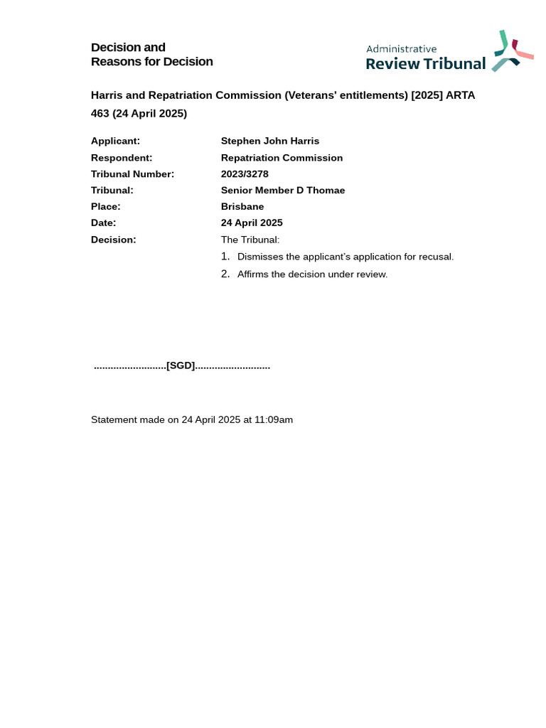 Harris v Repatriation Commission Decision | PDF | Diseases And Disorders