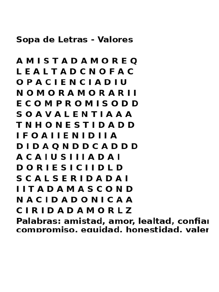 Sopa de Letras Valores | PDF