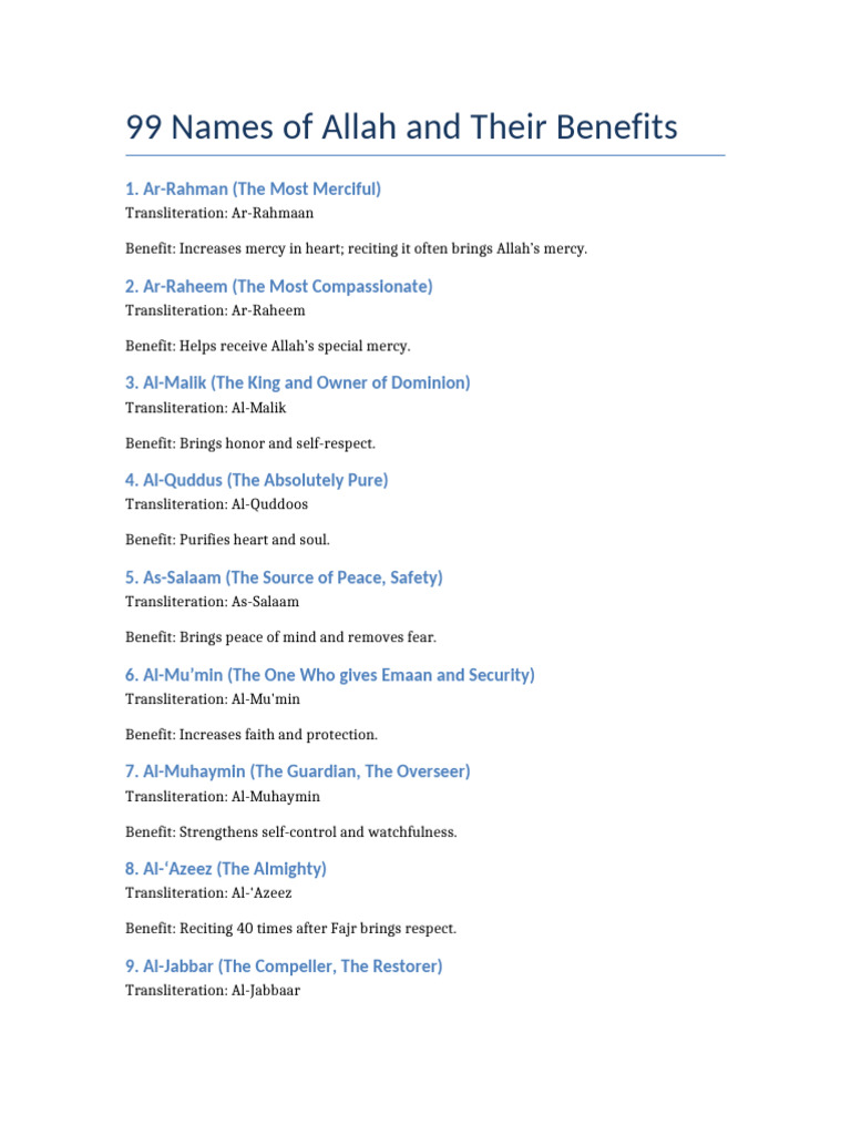 99 Names of Allah and Their Benefits | PDF