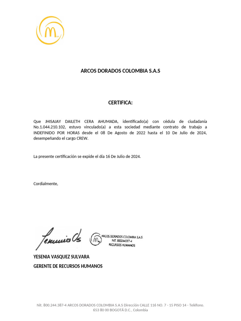 Certificado de Retiro 1044210102 | PDF