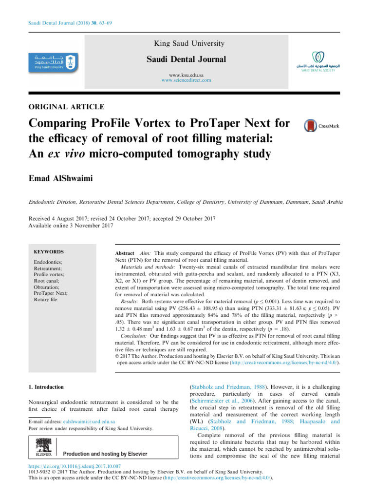 ProFile Vortex vs. ProTaper Next Efficacy | PDF