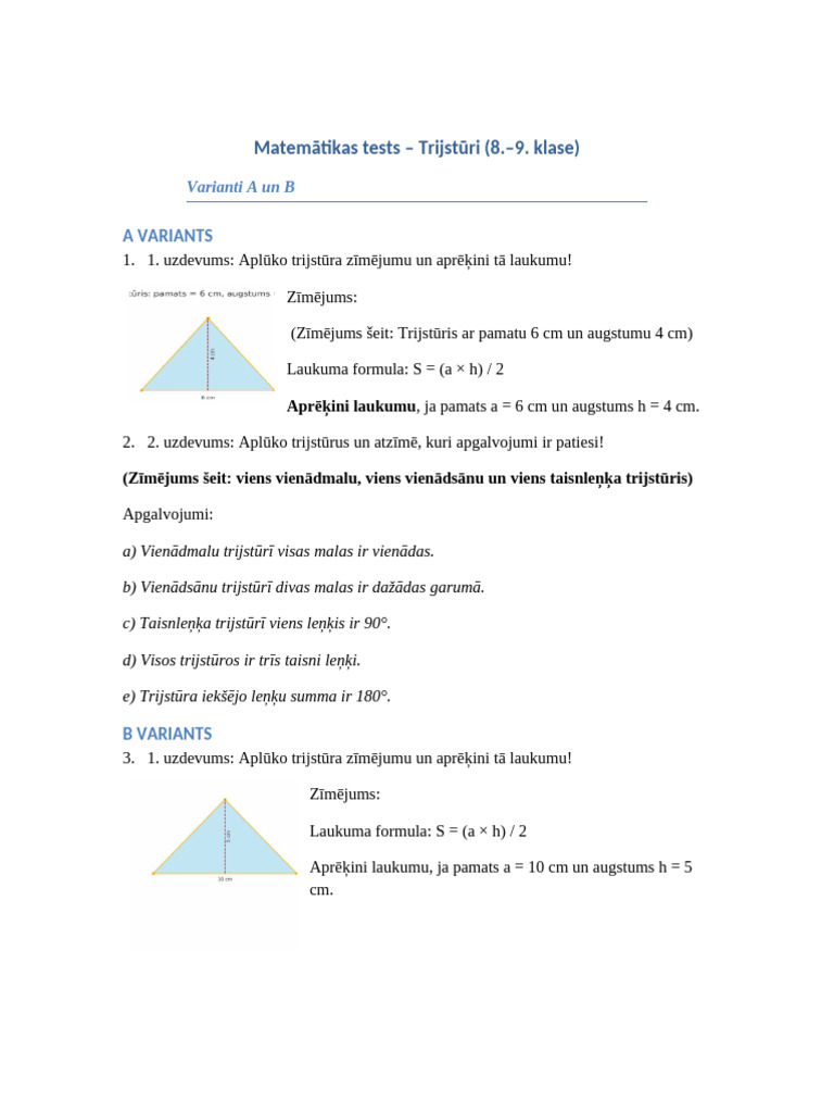 Matematikas Tests Trijsturi 8 9klase | PDF