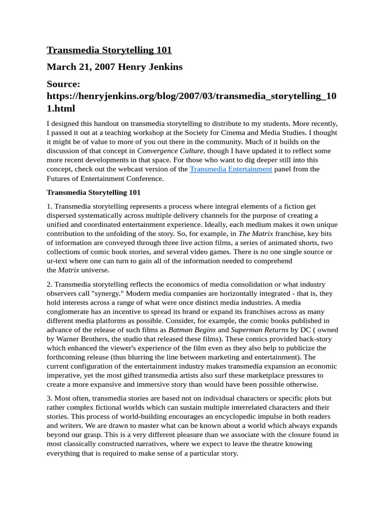 HENRY JENKINS Transmedia Storytelling 101 | PDF