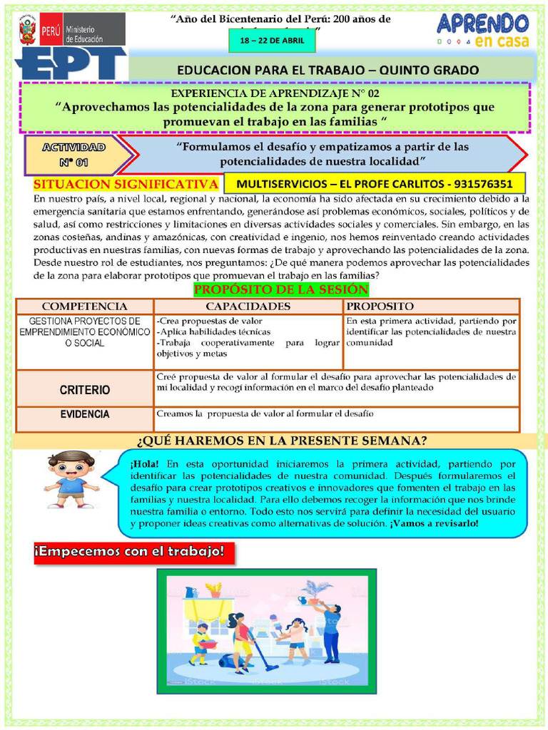 EXPERIENCIA DE APRENDIZAJE 02 - ACTIVIDAD 01- 5TO GRADO- EPT -2022 | PDF