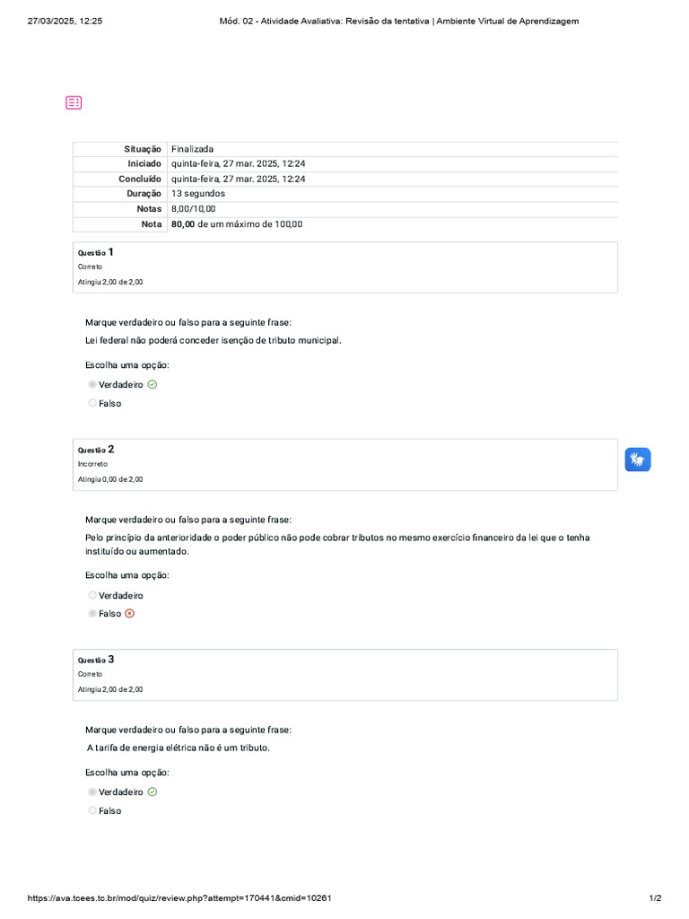 Mód. 02 - Atividade Avaliativa - Revisão Da Tentativa - Ambiente Virtual de Aprendizagem | PDF ...