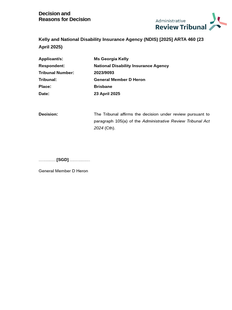 NDIS Access Decision: Kelly v NDIA 2025 | PDF | Disability | Vertebral ...