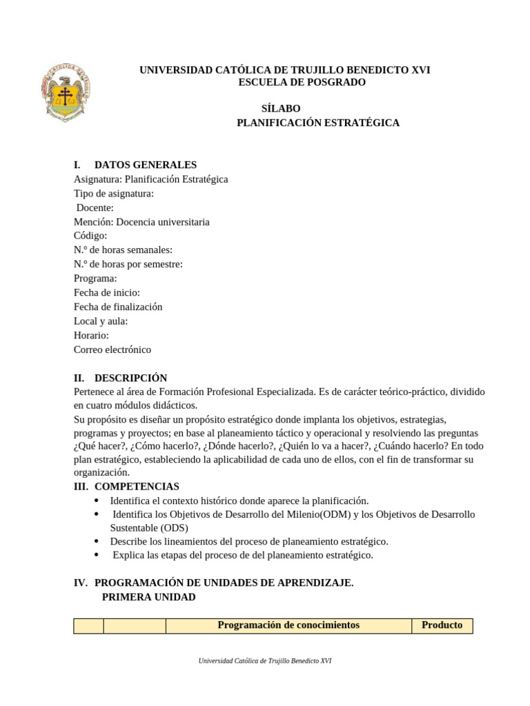 Sílabo Oficial - Planificaci PN Estratégica | PDF | Plan de estudios | Enseñando
