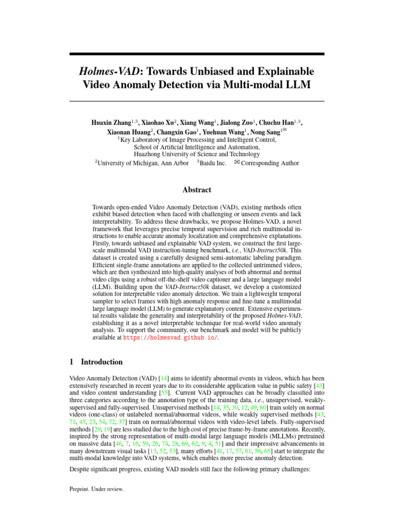 Holmes-VAD - Towards Unbiased and Explainable Video Anomaly Detection Via Multi-Modal LLM | PDF ...