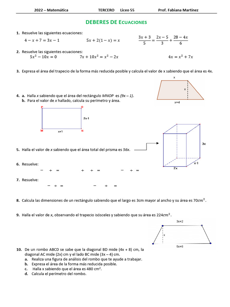 Deberes de Ecuaciones de Segundo Grado | PDF