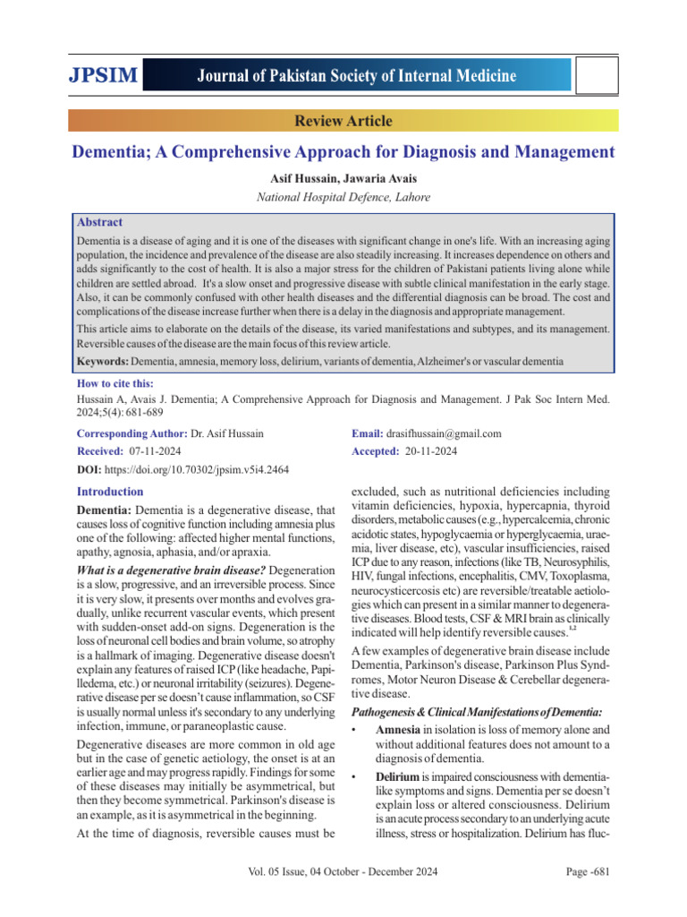 Dementia A Comprehensive Approach For Diagnosis and Management | PDF ...