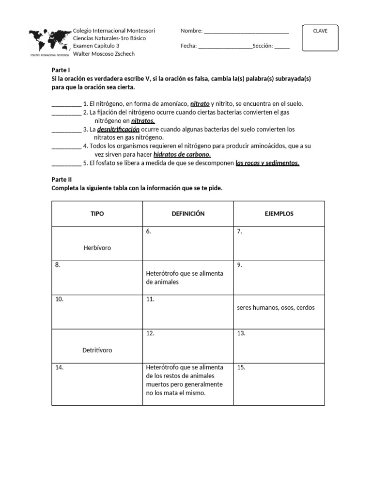 Examen de Ciencias Naturales 1ro Básico | PDF | Nitrógeno | Nitrato