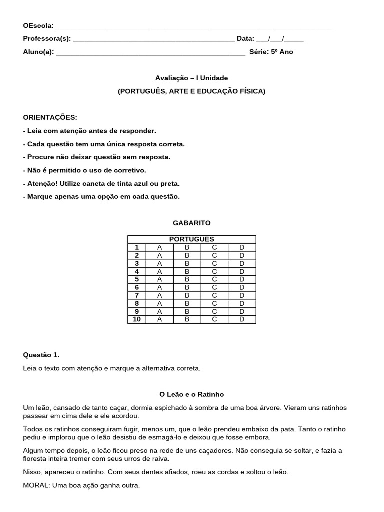 Cópia de Cópia de Prova 5 Ano | PDF | Sílaba