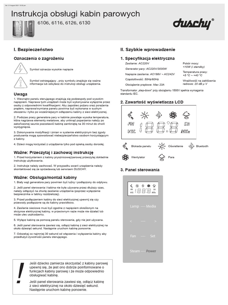 Steam Cabins DUSCHY 6106, 6116, 6126, 6130 Control Panel Manual POL - Hi-Res | PDF