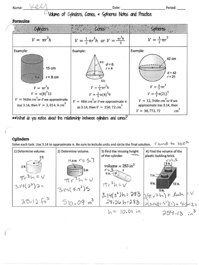 Day 4 Volume Cylinders, Cones, Spheres Notes Key | PDF