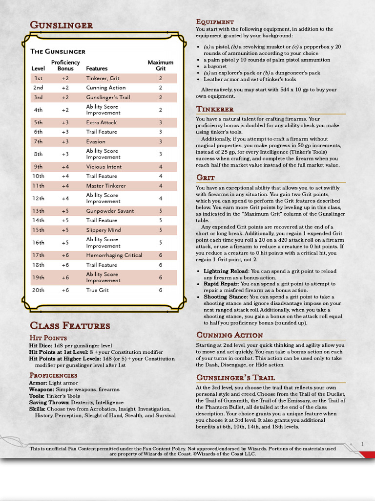 Gunslinger Class Features Overview | PDF | Firearms