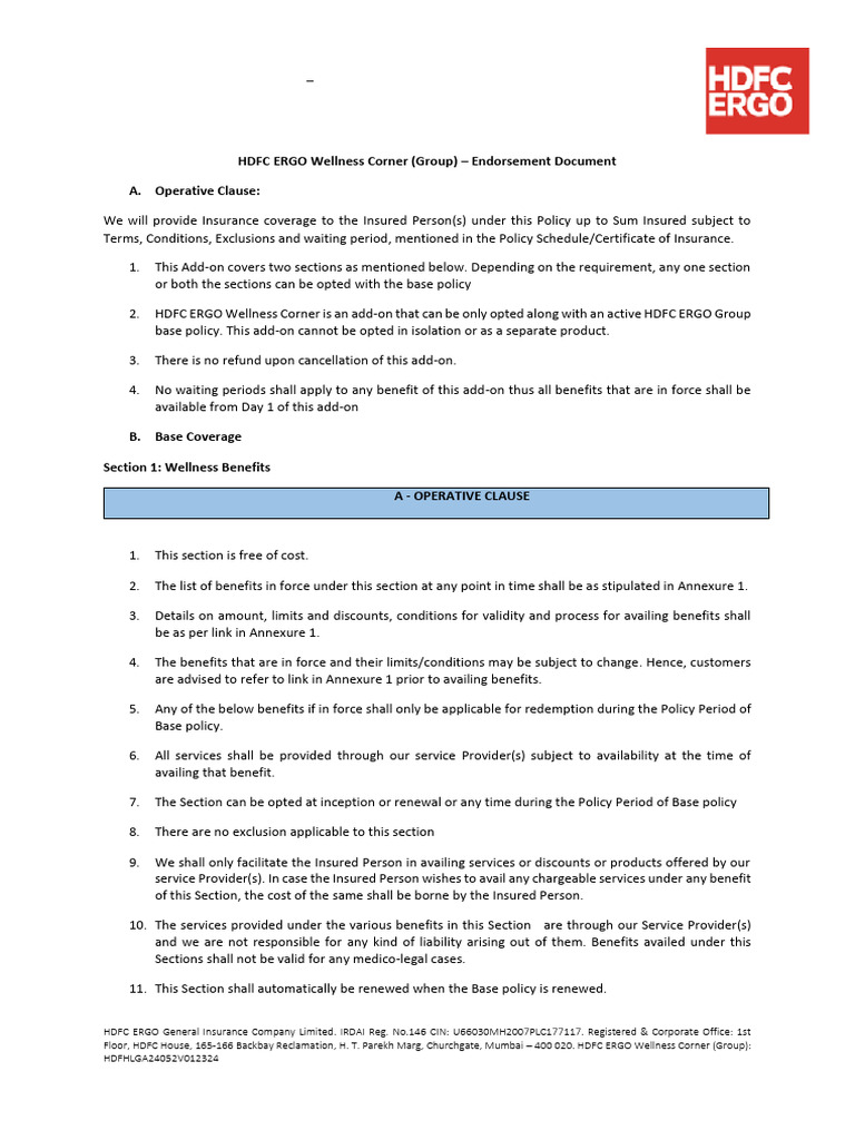 Wellness Corner (Group) Endorsement Wording | PDF | Insurance ...