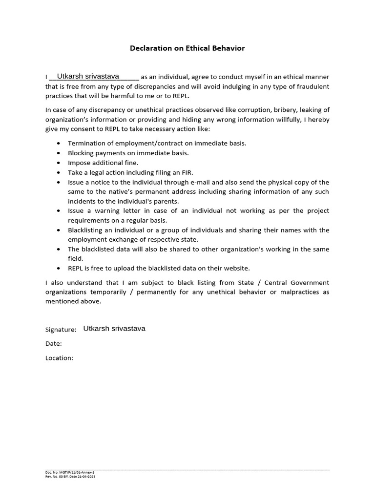 MGT - F - 11 - 01-Annex-1 - Ethical Behaviour Declaration | PDF