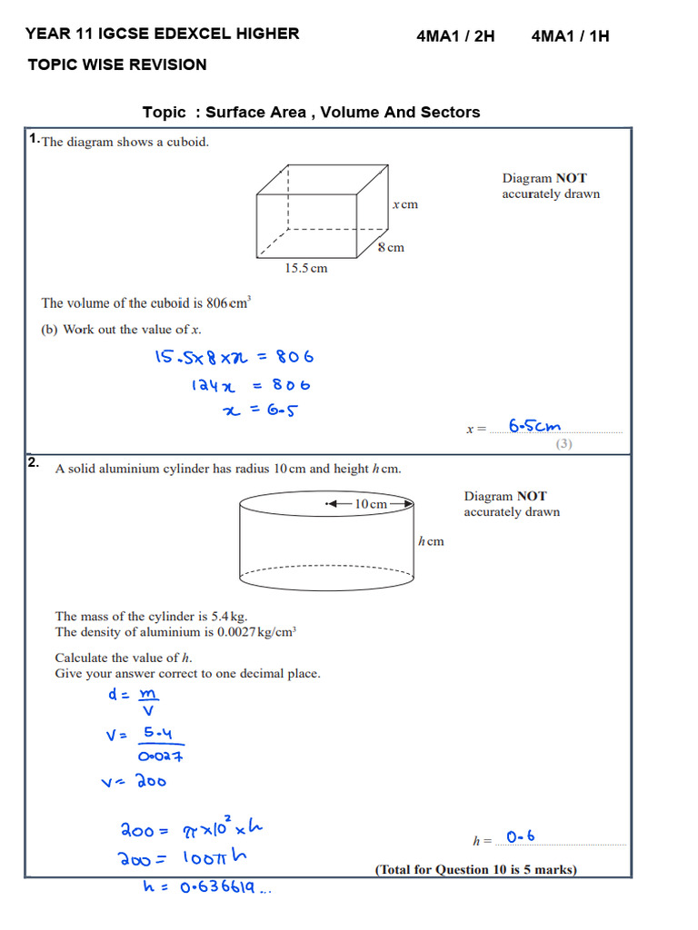 Y11 - Surface Area - Volume and Sectors | PDF