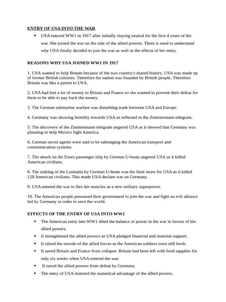 Unit 17 - Entry of Usa Into The War | PDF | World War I | Allies Of ...