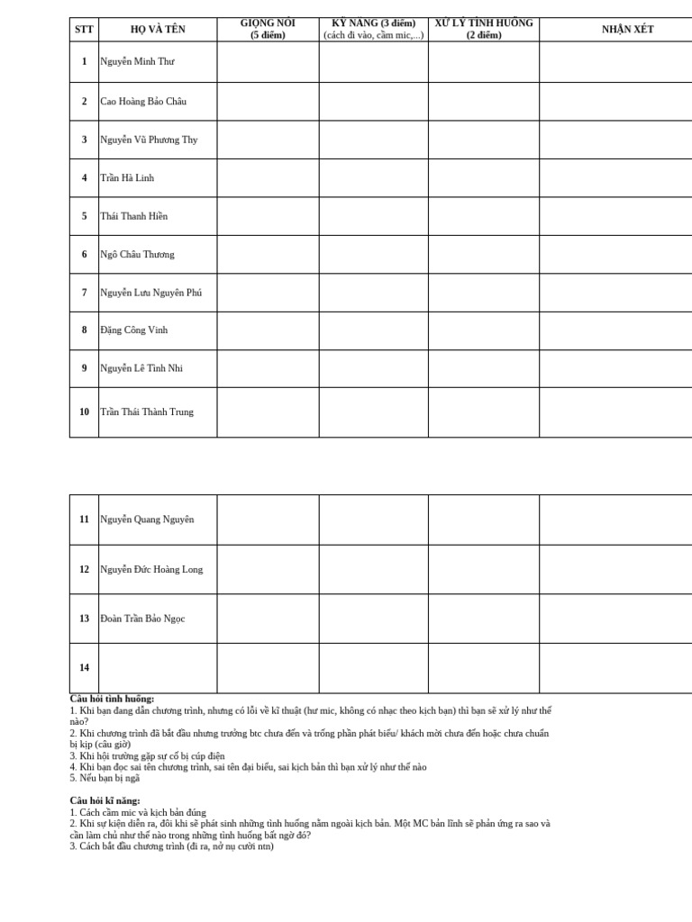 BIỂU MẪU CHẤM + CÂU HỎI CASTING MC | PDF