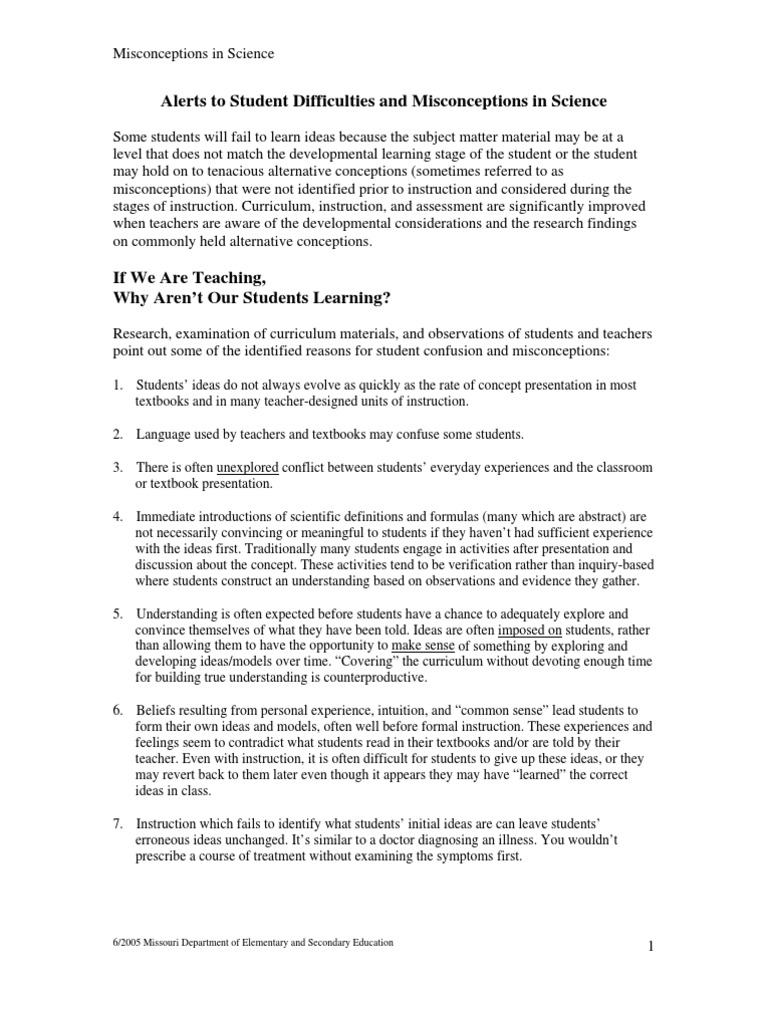 Alerts To Student Difficulties and Misconceptions in Science | PDF ...