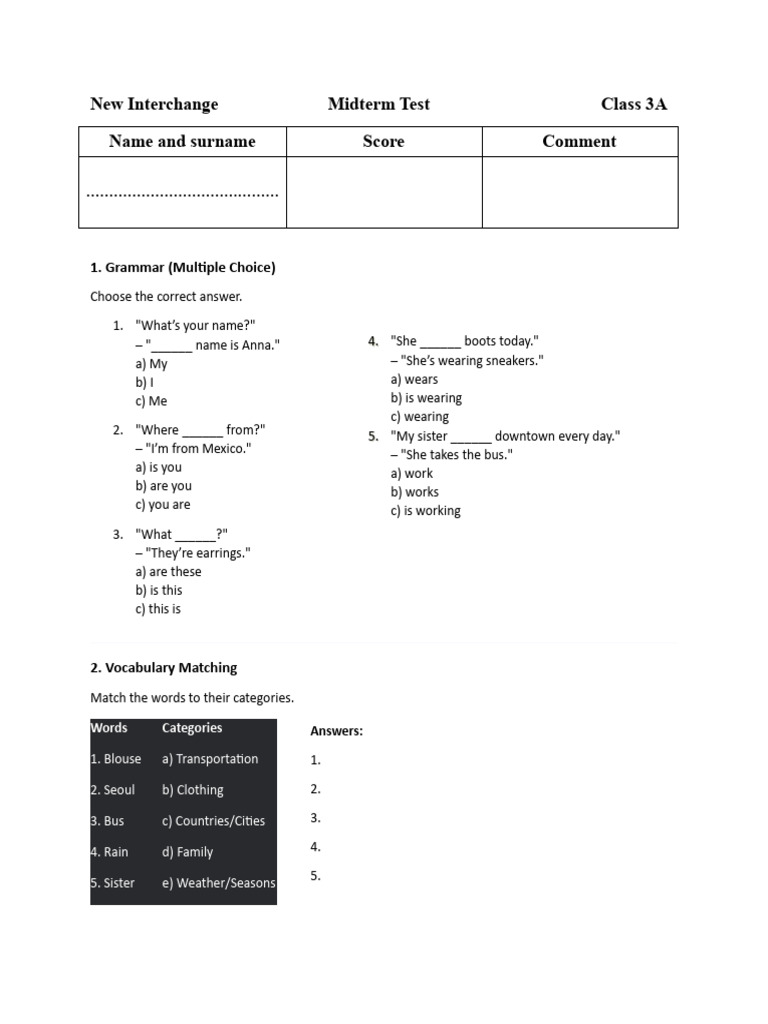 01New Interchange Midterm Test Class 3A | PDF | Linguistics | Human ...