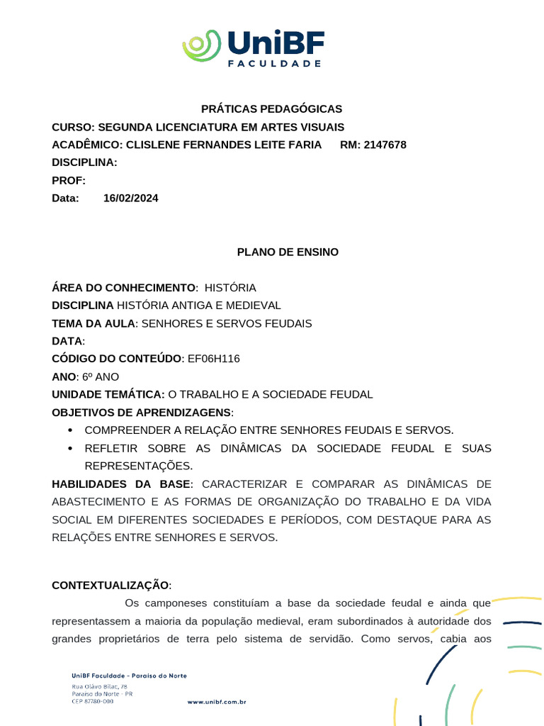 Prática - Plano de Aula ATUALIZADA 2605 | PDF | Servidão | Feudalismo