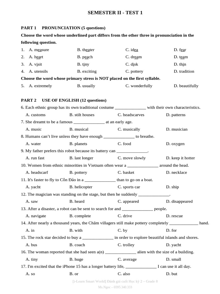 Grade 8 Semester 2 Test 1 Review | PDF