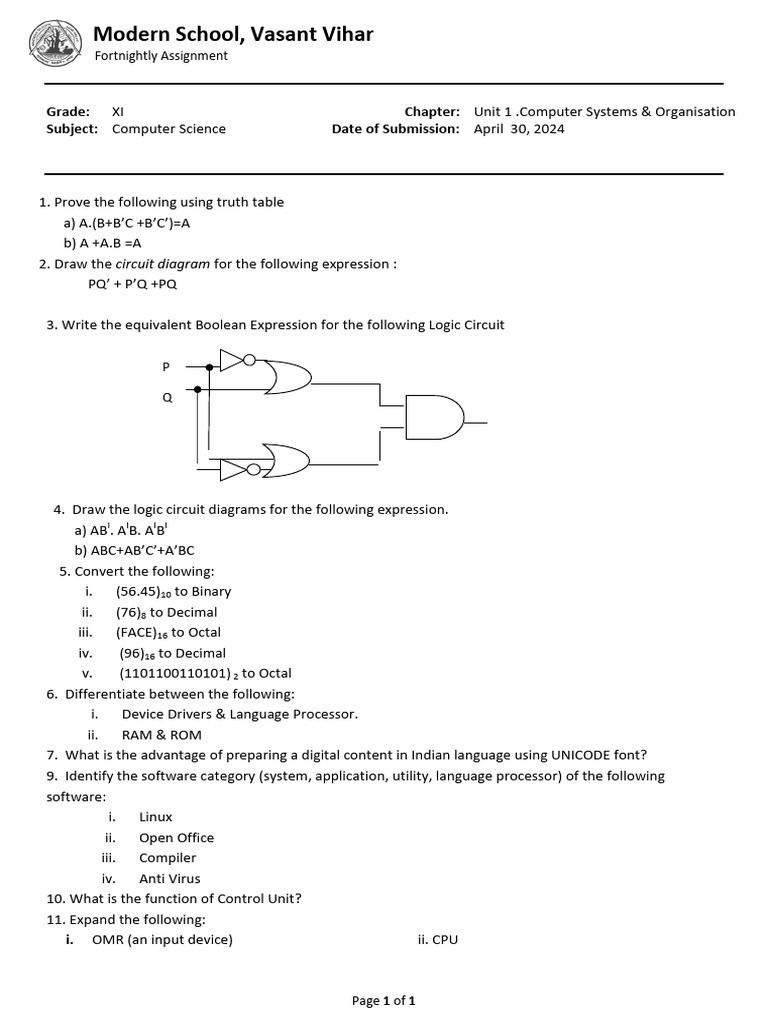 Computer Science Assignment For Grade XI | PDF
