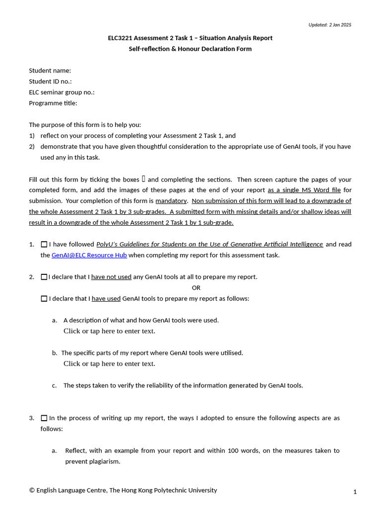 ELC3221 (2024-25-Sem2) Assessment 2 Task 1 (Report) - Self-Reflection & Honour Declaration Form ...
