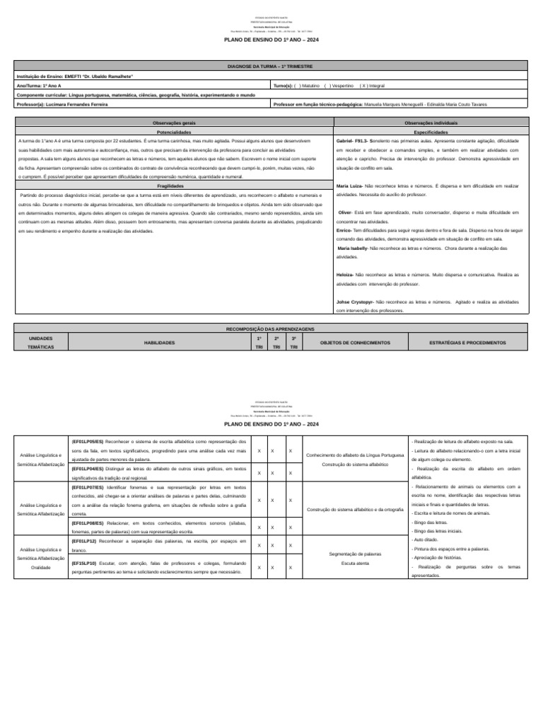 Diagnose - Ef - 1º Trimestre - 2024 - Lucimara | PDF | Escrita | Fonema