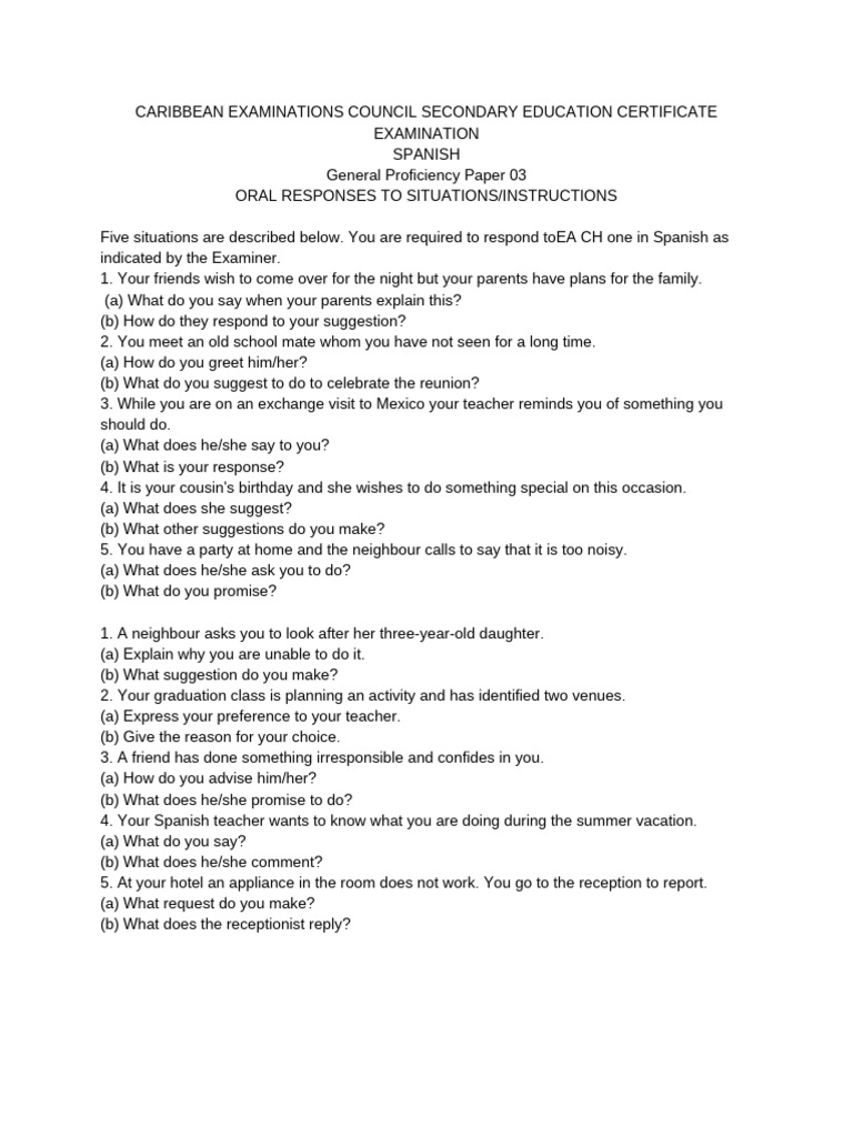 CSEC Spainsh P3 Situations | PDF