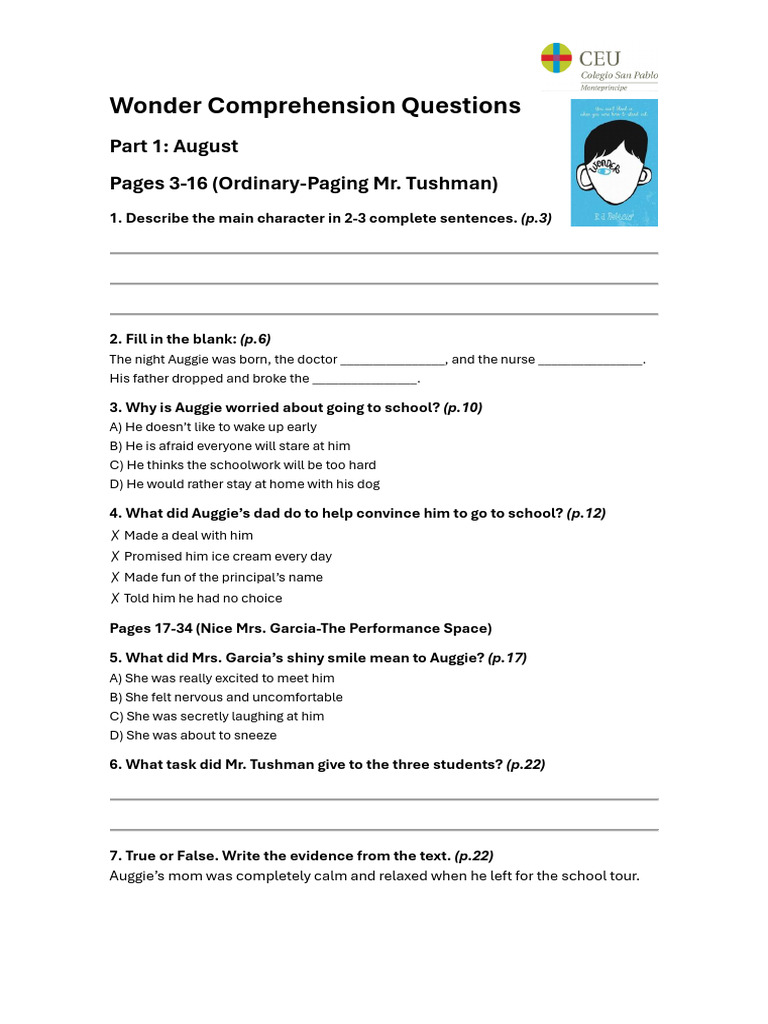 Wonder Comprehension Questions1 | PDF