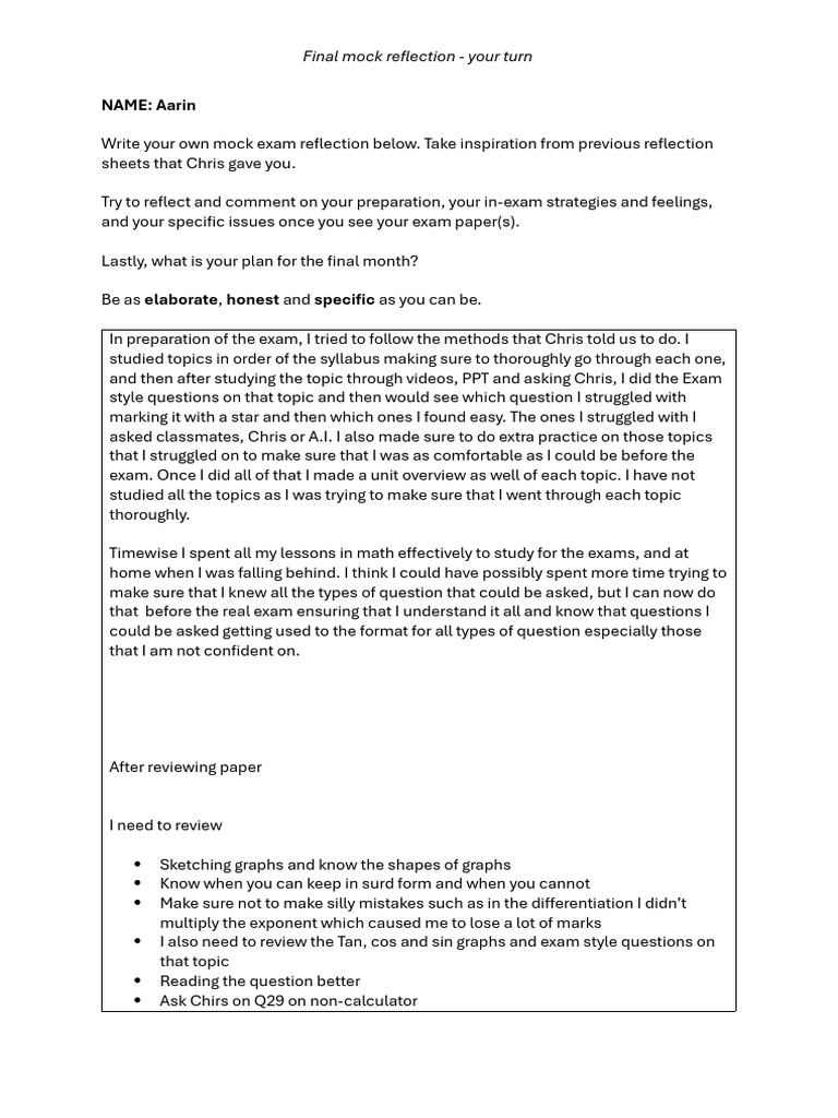Final Mock Exam - Reflection | PDF