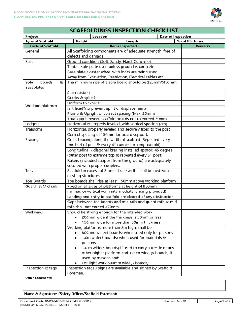 FOR-001 Scaffold Inspection Checklist Rev 001 | PDF | Scaffolding