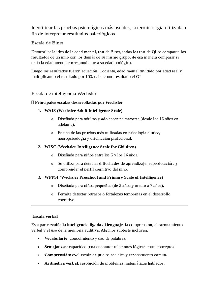 Identificar las pruebas psicológicas más usuales | PDF | Neurología | Escala de inteligencia ...