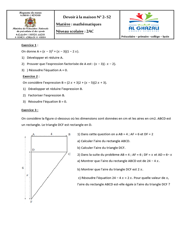 Devoir de maths 2AC - S2 | PDF | Concepts mathématiques | Mathématiques