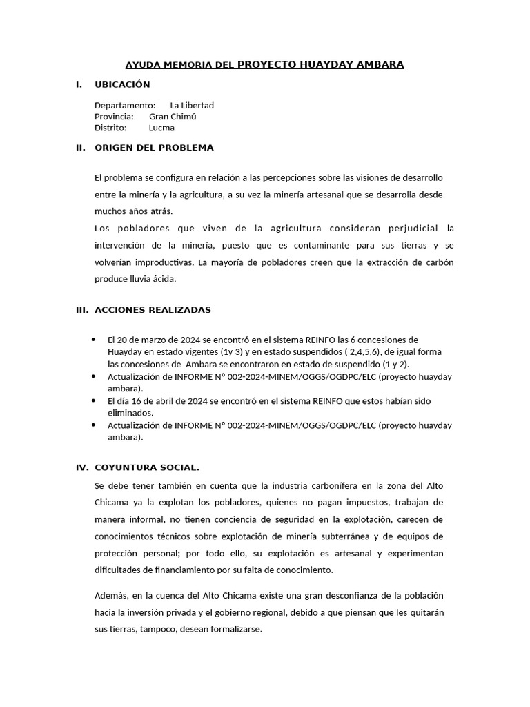 Ayuda Memoria Del Proyecto Huayday Ambara | PDF