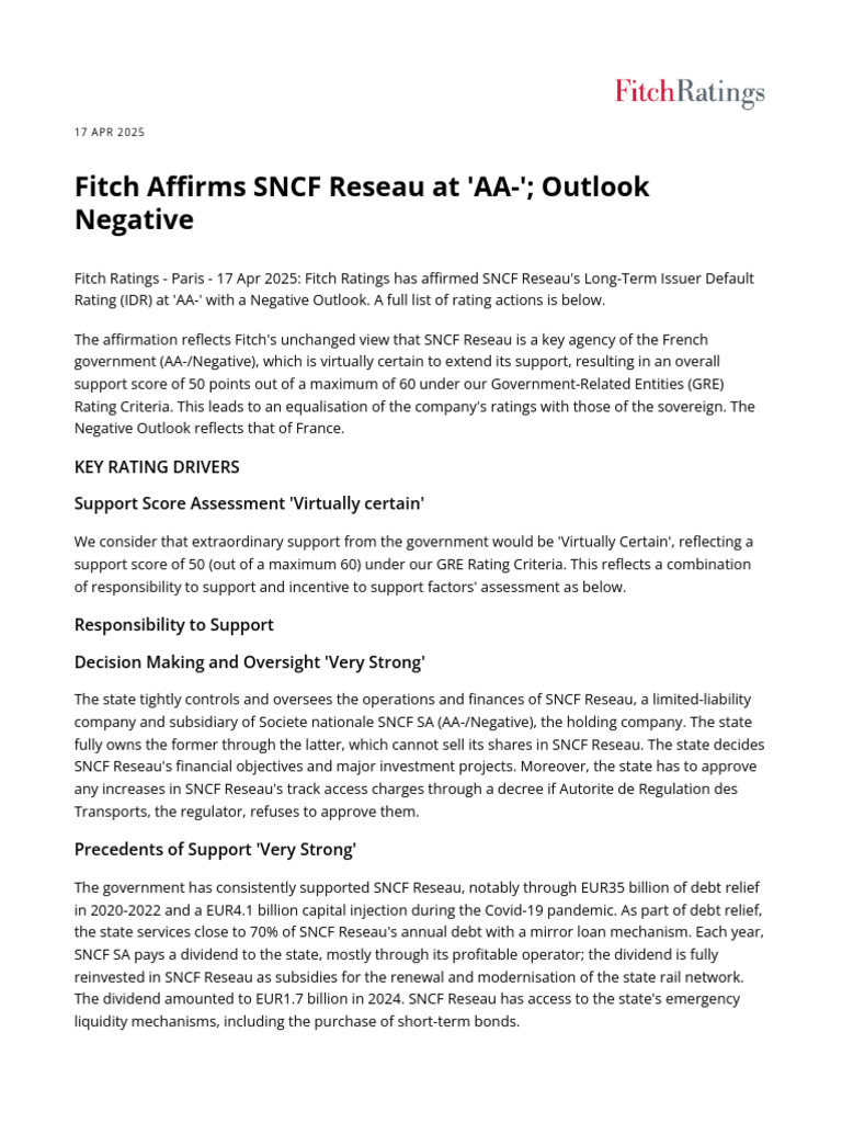 Fitch Rating Sncf Resau April 2025 | PDF | Debt | Securities (Finance)