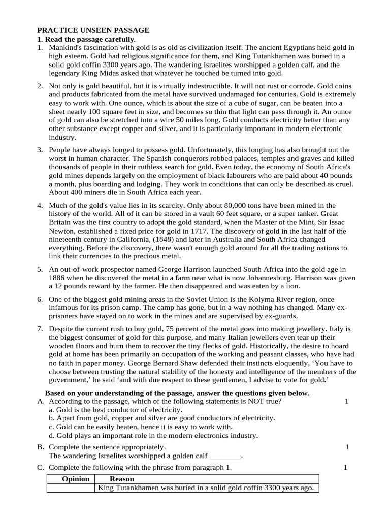 Practice Unseen Passage 2024-25 | PDF | Gold | Flood