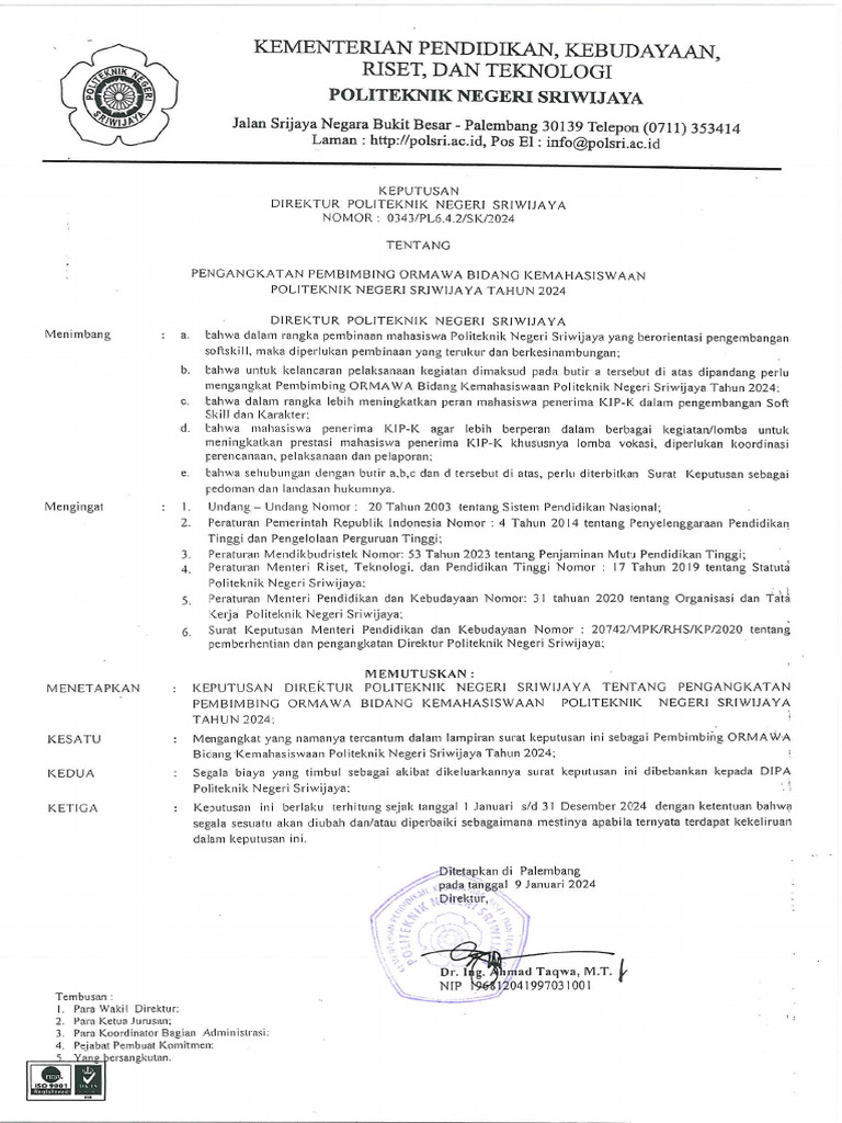 SK Pembimbing Ormawa Bidang Kemahasiswaan Polsri Tahun 2024 | PDF