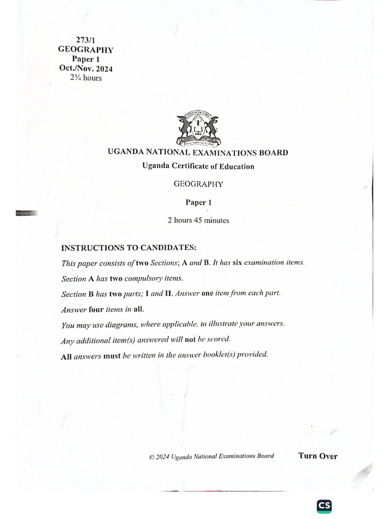 Uce Uneb Geog Paper 2024-1 | PDF