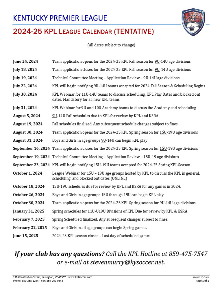 KPL 2024 25 Calendar TENTATIVE | PDF