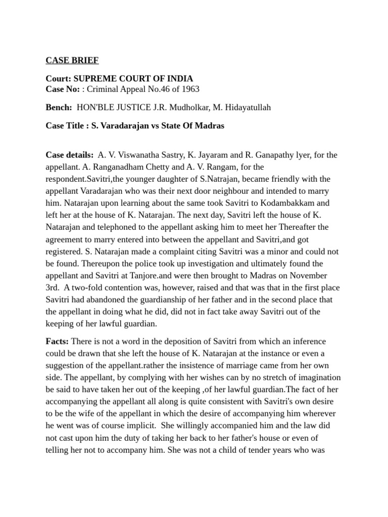 S. Varadarajan Vs State of Madras Breifed by Aanchal Garg | PDF | Appeal | Common Law