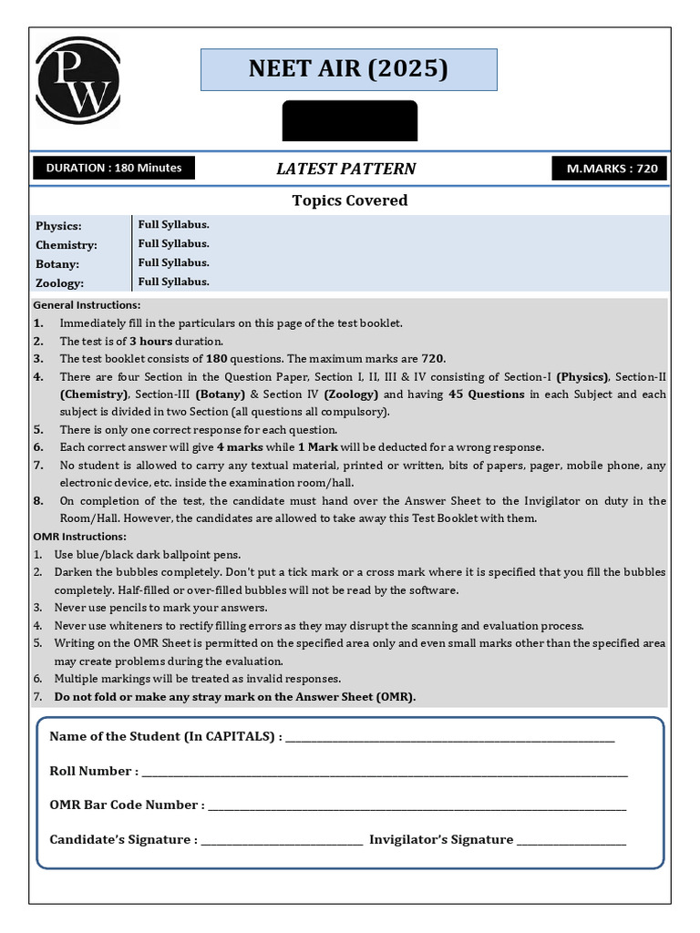 Test - 01 Latest Pattern : Test Paper - NEET AIR 2025 | PDF | Capacitor ...
