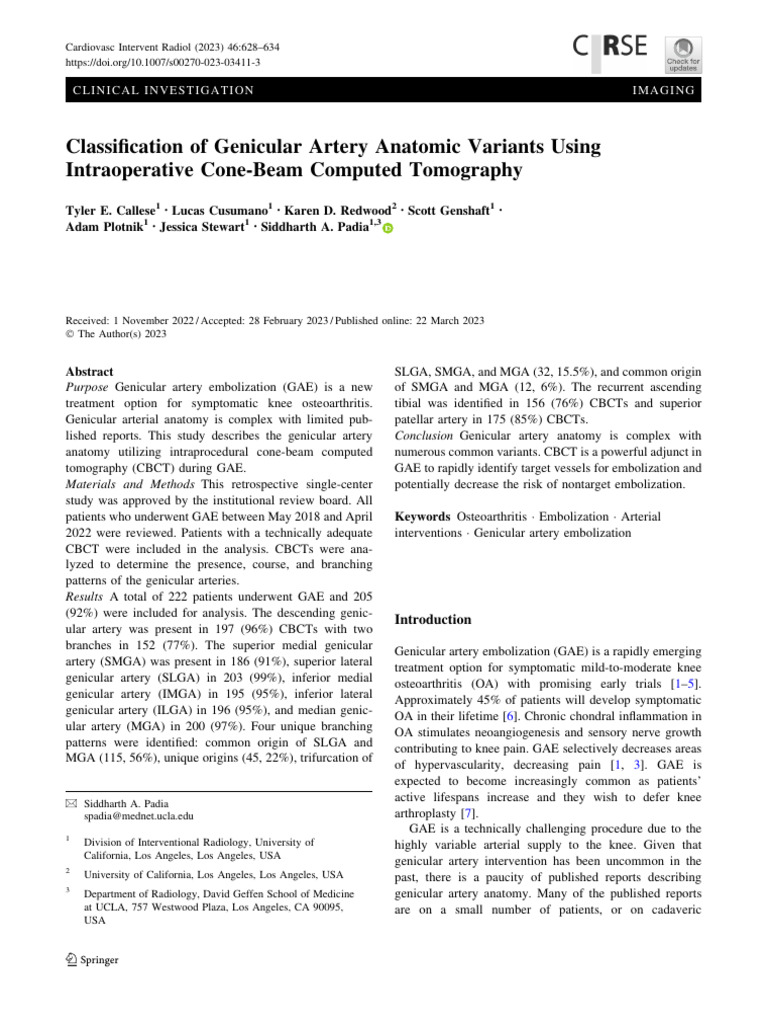 Genicular Artery Variants in GAE Study | PDF | Knee | Clinical Medicine